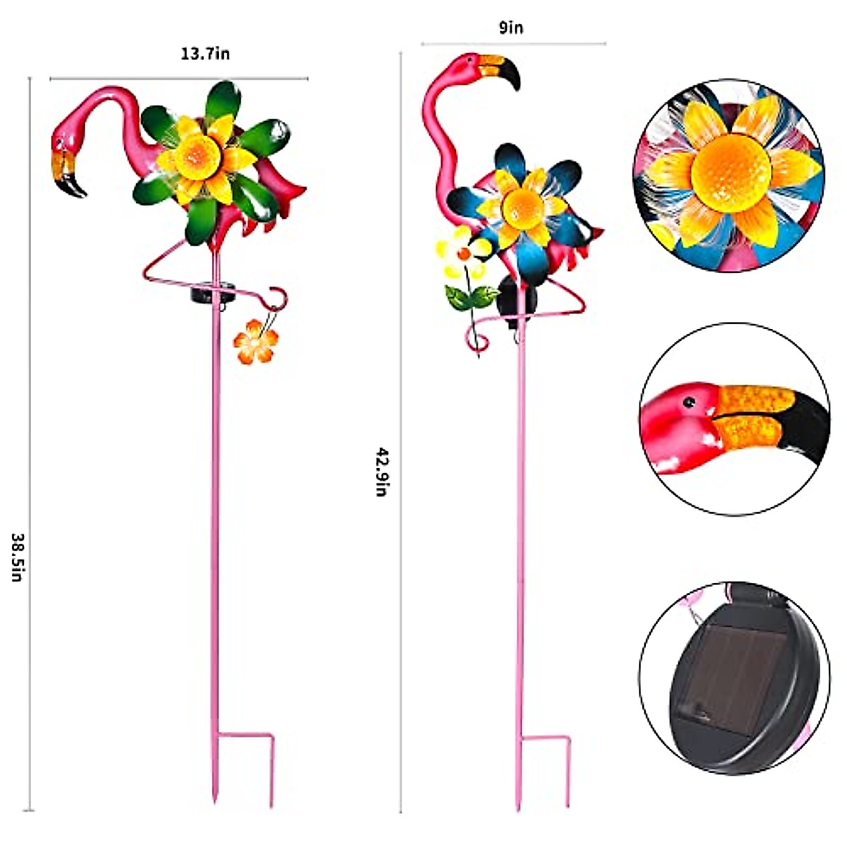 Histoacryl 2 Pack Pink Flamingos Outdoor Decorations, Metal Flamingo Solar Stakes Lights with Wind Spinner, Yard Sculptures Art Decorative for Garden, Patio, Landscape, Pathway, Christmas