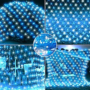 Net Lights Outdoor Christmas Net String Lights Plug in 9.8ft x 6.6ft Connectable Mesh Fairy Light 200 LEDs Waterproof Garden Tree Lights 8 Modes with Remote for Yard Fence Gazebo Decor(White+Blue)