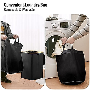 Laundry Hamper with Lid by TECHMILLY, 66L Small Tall Laundry Basket with Bamboo Handles for Clothes and Toys, Collapsible Laundry Basket with Removable Inner Bag for Bedroom and Bathroom, Black