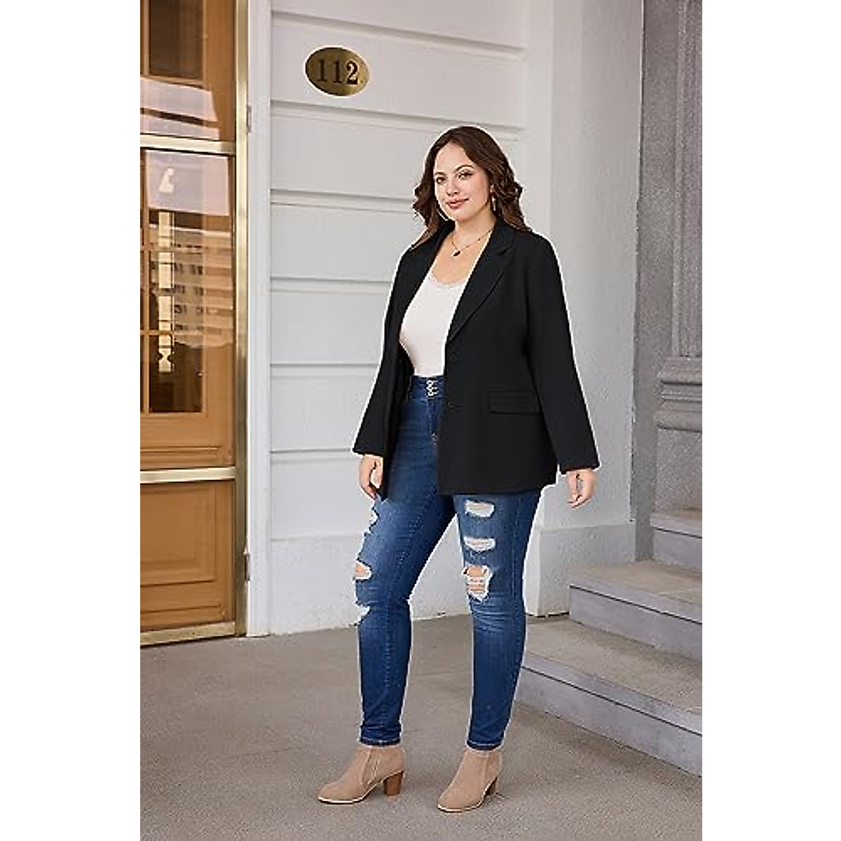 Hanna Nikole Fall Blazer for Women 2023 Lightweight Jacket Suits Open Front Lapel Long Sleeve Blazer Black 22 Plus