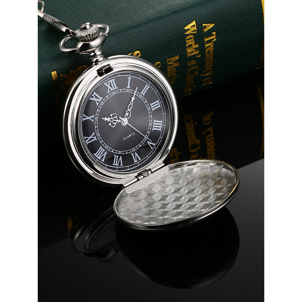 Hicarer Quartz Pocket Watch for Men with Black Dial and Chain Vintage Roman Numerals Christmas Gifts Birthday (Silver)