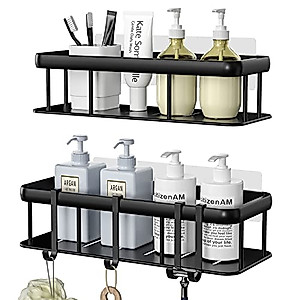 Midphorn 2-Pack Adhesive Shower Caddy, No Drilling Shower Shelf with Hooks Rustproof Wall Mounted Shower Organizer for Inside Shower Bathroom Storage Shampoo Holder, Matte Black