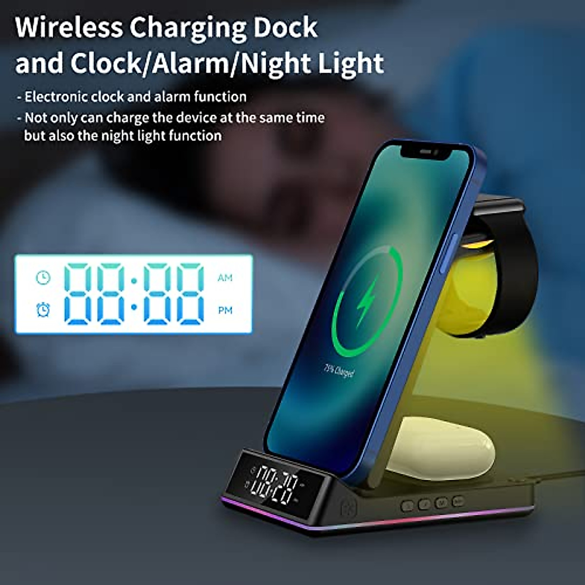 AEQ 3 in 1 Wireless Charger for Apple, Wireless Charging Station for Apple Multiple Devices with Clock/Alarm/Night Light for Apple Watch 8 7 6 SE 5 4 3 2, Airpods 3/2/Pro,iPhone14 13 12 11 Pro Max X