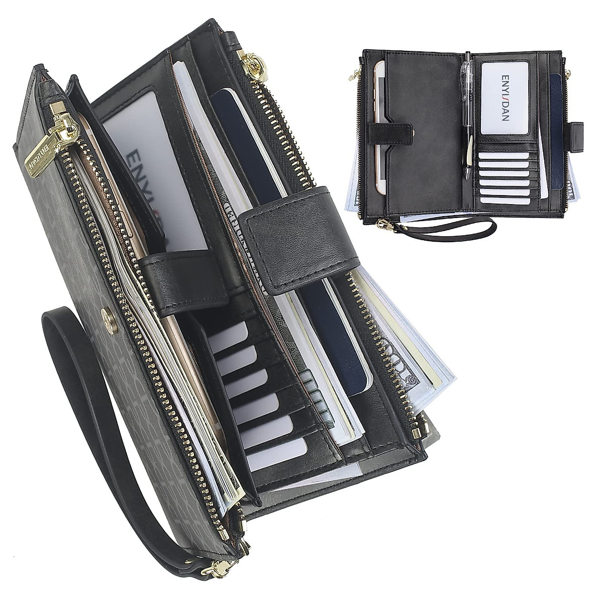 ENYISDAN Women Wristlet Clutch Wallet Long RFID Blocking Leather Wallet Multi Card Zipper Wallet with Credit Card Case Zipper Pocket Holder (black background/gray and white letters)