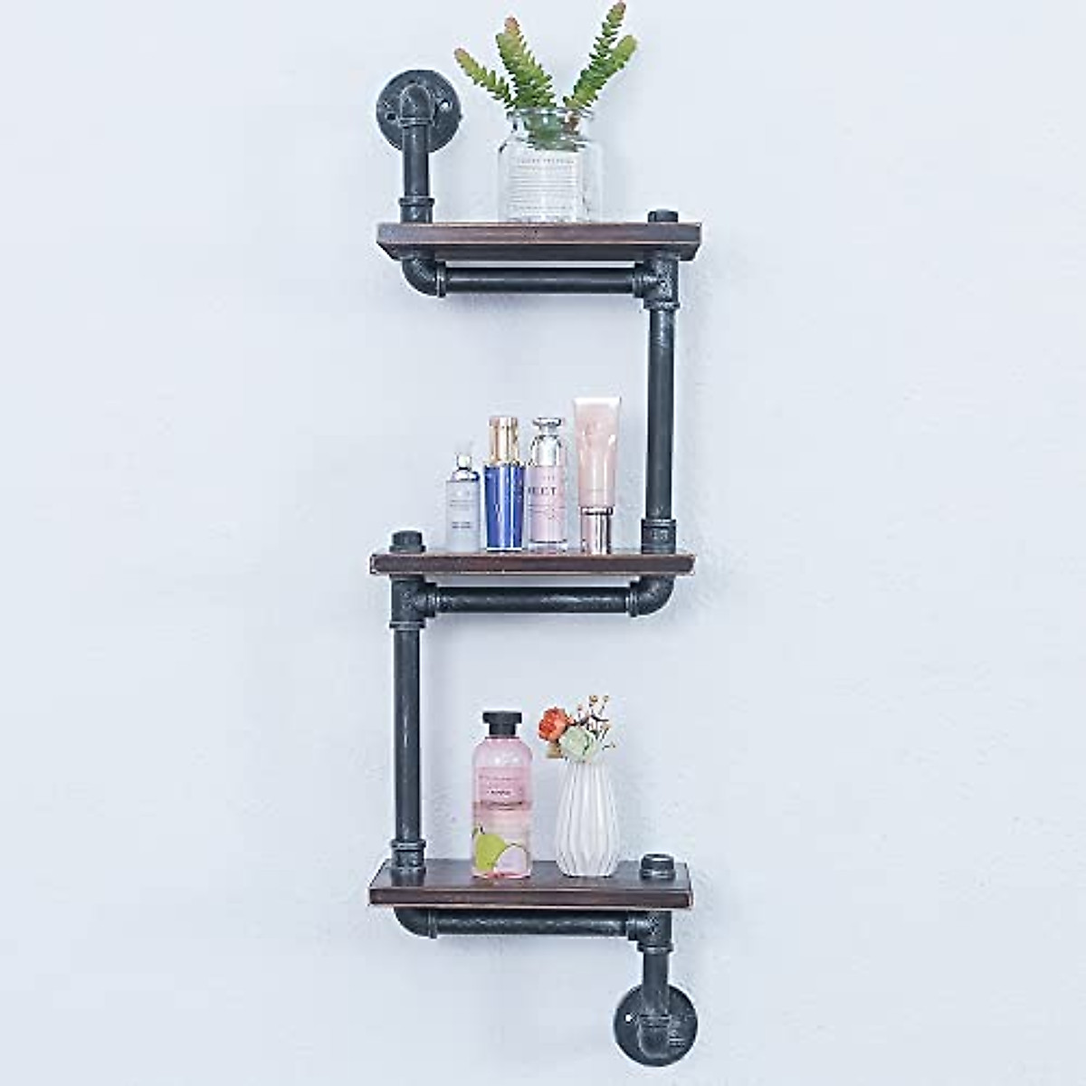 Industrial Pipe Shelving Wall Mounted,11.8in Rustic Metal Floating Shelves,Steampunk Real Wood Book Shelves,Wall Shelf Unit Bookshelf Hanging Wall Shelves,Farmhouse Kitchen Bar Shelving(3 Tier)
