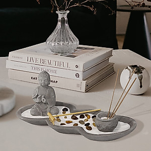 Japanese Mini Zen Garden Decor, Incense Holder with Buddha Statue for Relaxation and Meditation, Gift Set Perfect for Home and Office Decor