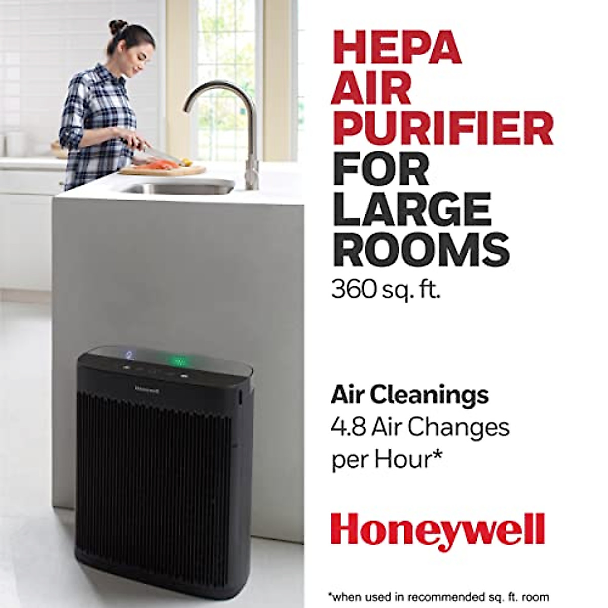 Honeywell InSight HEPA Air Purifier with Air Quality Indicator and Auto Mode, Allergen Reducer for Large Rooms (360 sq. ft), Black, Wildfire/Smoke, Pollen, Pet Dander & Dust Air Purifier, HPA5200