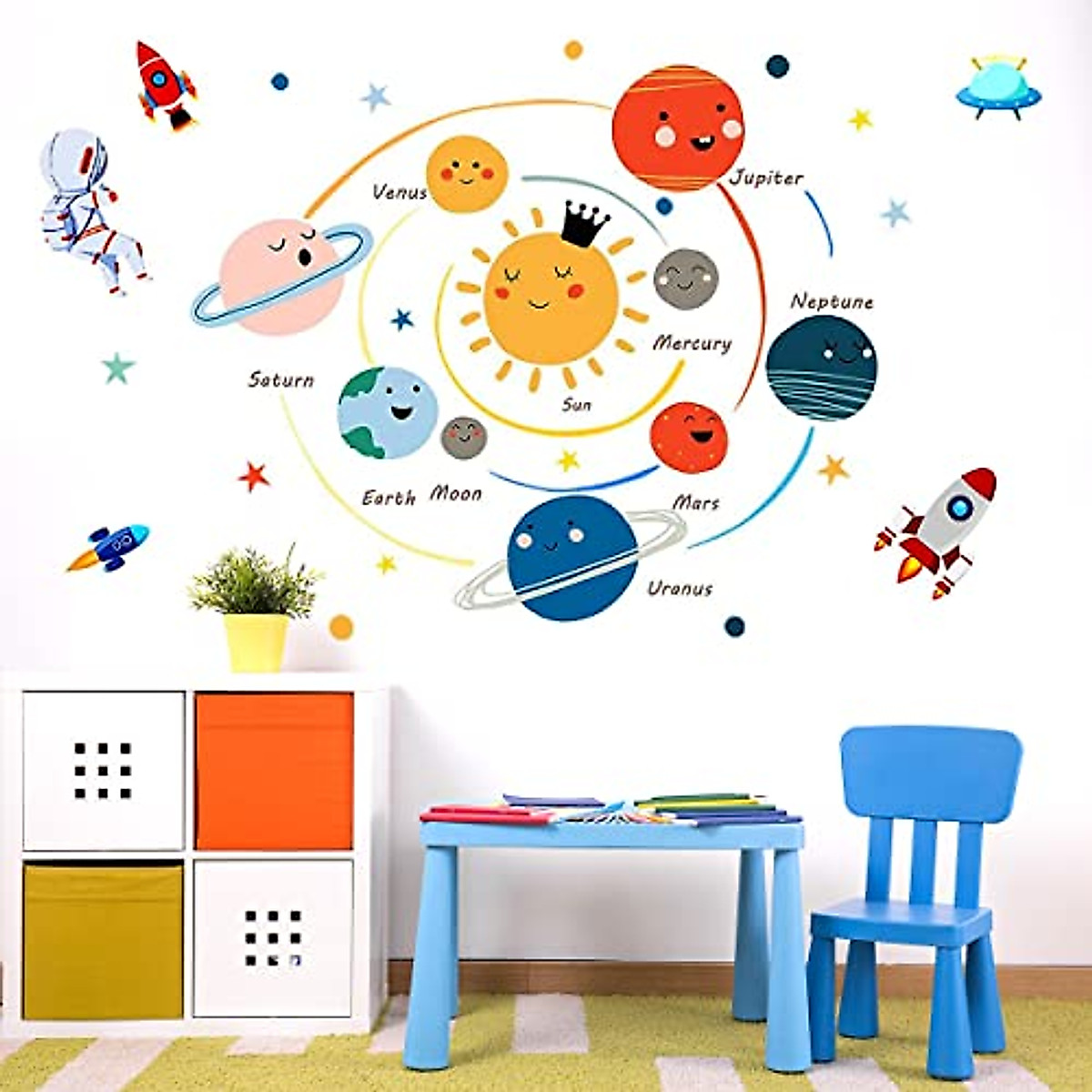 Beilinlok Solar System Wall Decals for Kids Room, Space Planet Large Wall Stickers Kids Bedroom, Cute Educational Wall Decal Decors for Nursery, Playroom, Boys Room, Girls Room, Classroom, School.