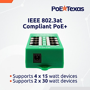 PoE Texas 4 Port PoE/PoE+ Injector with 48V 60W Power Supply - Gigabit Injector - Active Mode A Power Over Ethernet Multi Port PoE Adapter - Supports 4 PoE (802.3af or at) up to 60 watts