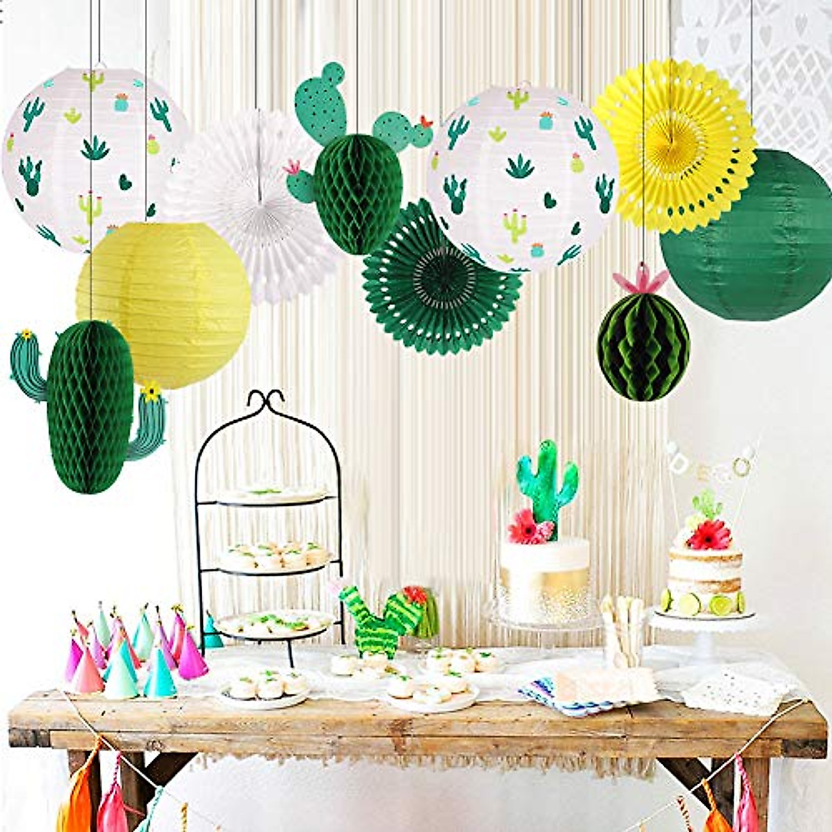 Cactus Party Decorations, Hawaiian Party Supplies Tropical Cactus Hanging Paper Lanterns Cactus Honeycomb Tissue Paper Fans for Llama Birthday Summer Party Home Decoration (Green)
