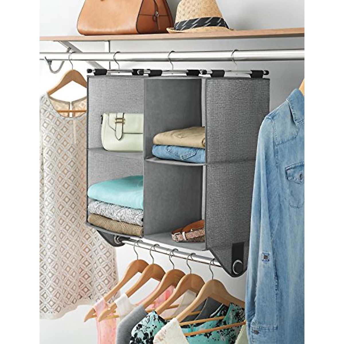 Whitmor 4 Section Fabric Closet Organizer Shelving with Built In Chrome Garment Rod