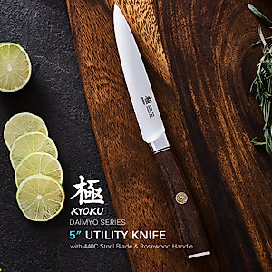 KYOKU Daimyo Series 7" Santoku Knife + 4.5'' Paring Knife + 5'' Utility Knife - Japanese 440C Stainless Steel - Rosewood Handle