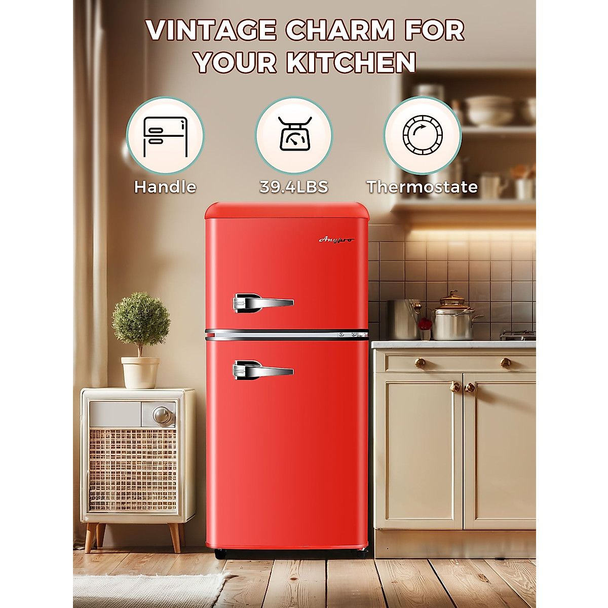 Anypro 3.2 Cu.Ft Compact Refrigerator Mini Fridge with Freezer, 2 Door Retro Small Refrigerator with Freezer, 7 Level Thermostat & Removable Shelves, Mini Fridge for Bedroom Office Apartment Dorm Bar