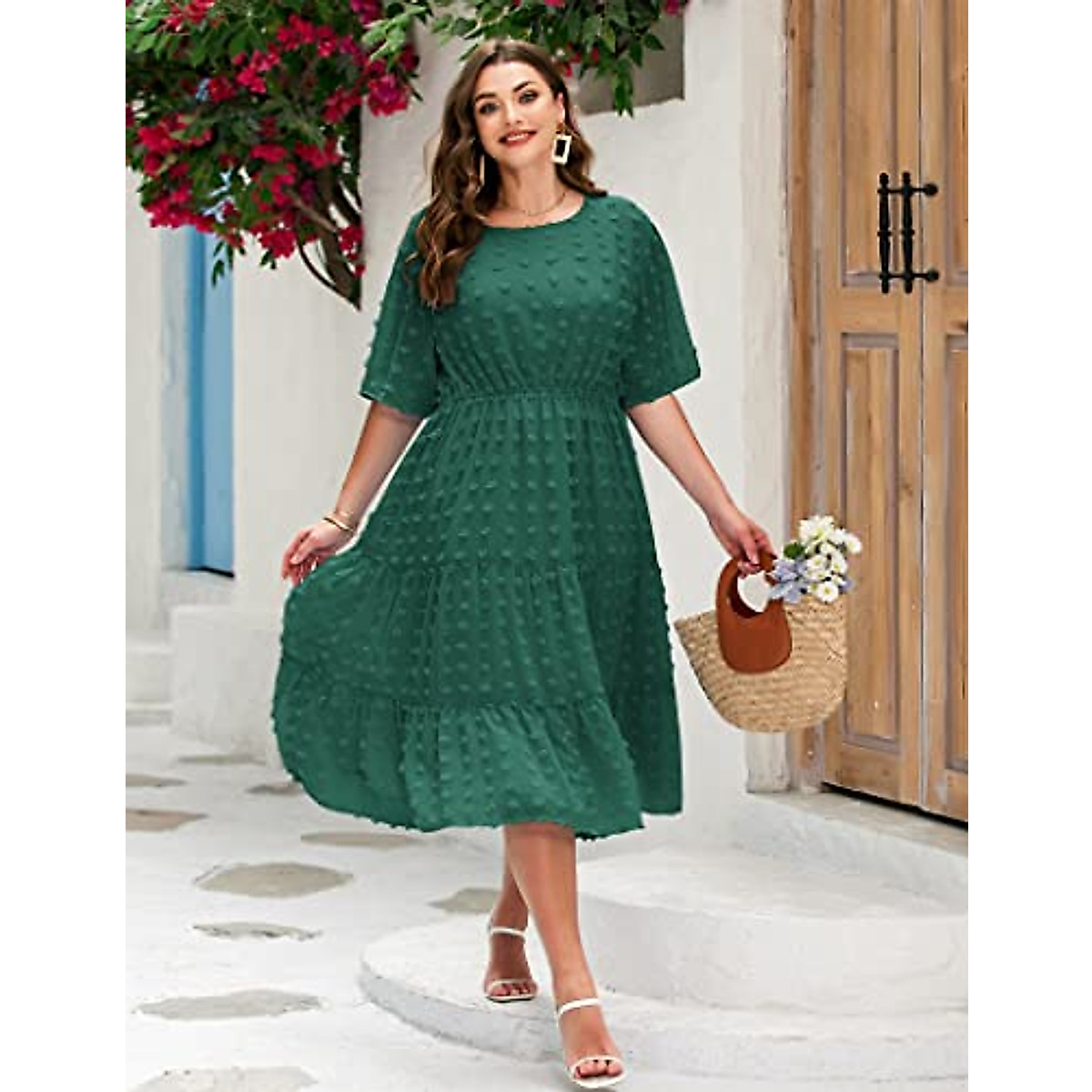 IN'VOLAND Womens Chiffon Elegant Plus Size Dresses Swiss Dot Babydoll Short Sleeve Party Midi Dress Dark Green