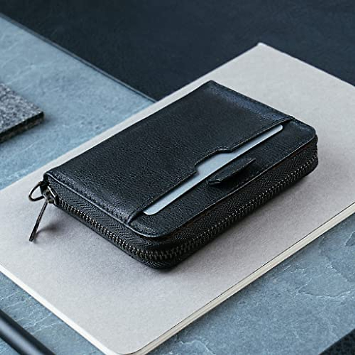 Vaultskin Minimalist Leather Zipper Wallet. Small RFID-Blocking Multi-Card Holder with Coin Compartment (Black) MAYFAIR