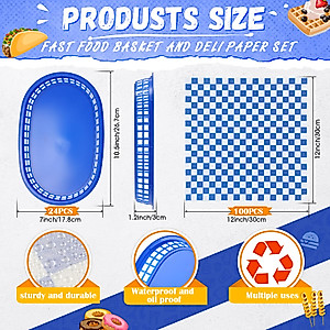 Uiifan 24 Pcs Fast Food Baskets with 100 Deli Liners Deli Food Baskets 10.5 x 7 Inch Serving Burger Chip Trays for Hot Dog Hamburger Bread Picnic(Blue)