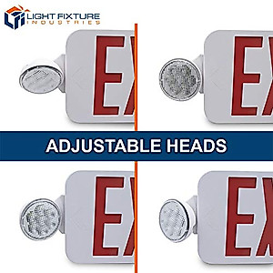 LFI Lights | Combo Red Exit Sign with Emergency Lights | White Housing | All LED | Two Adjustable Round Heads | Hardwired with Battery Backup | UL Listed | (2 Pack) | COMBOJR2-R