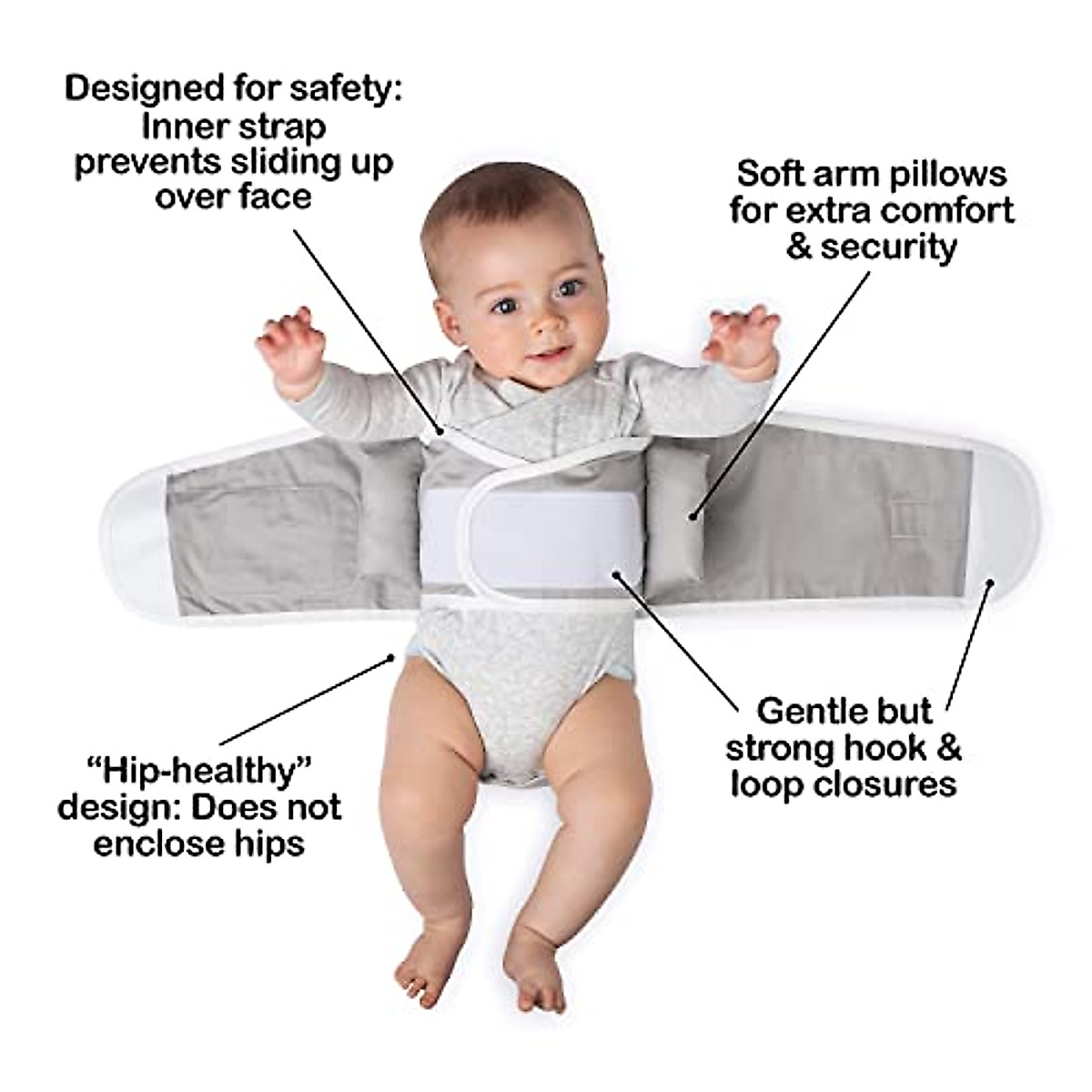 Anna & Eve - Baby Swaddle Strap, Adjustable Arms Only Wrap for Safe Sleeping - Large Size Fits Chest 16 to 20.5, Grey