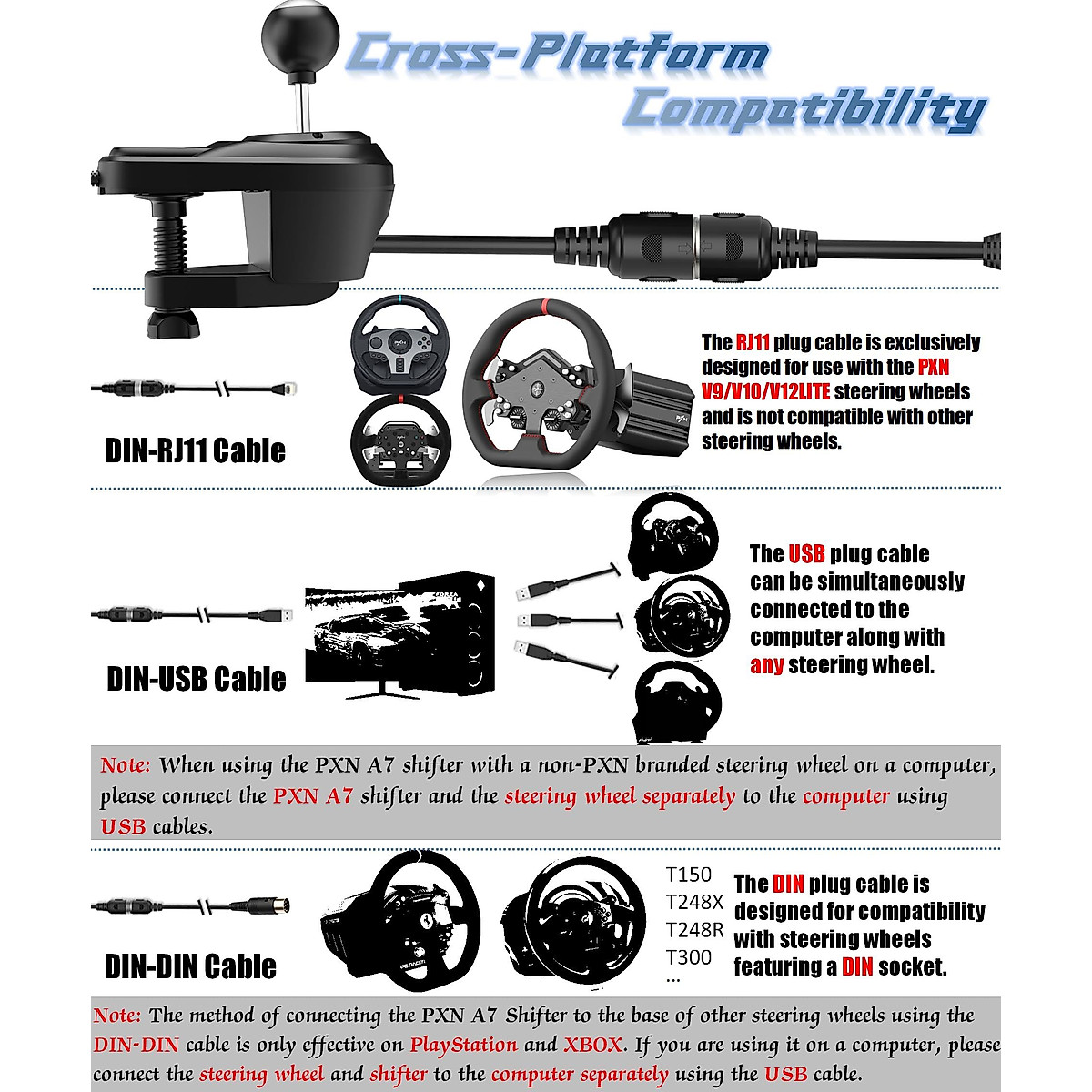 PXN A7 Shifter, 6 +1 Shifter with Handbrake Button and Shift Button for High&Low Gear Universal Shifter for PC(A7)