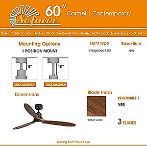 Sofucor Ceiling Fan 60'' Wood Ceiling Fan with Lights Remote Control Walnut Blades Dimmable Light Reversible DC Motor Modern Ceiling Fan for Kitchen, Bedroom, Basement, Dining, Living Room Matte Black