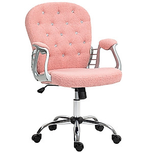 Vinsetto Teddy Fleece Home Office Chair, Button Tufted Desk Chair with Padded Armrests, Adjustable Height and Swivel Wheels, Pink
