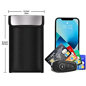 Upgraded 2 Pockets Faraday Bags(2 PACK), RFID Signal Blocking Faraday Pouch for Phones Car Key, Fireproof Waterproof Phone Charging Explosion-Proof, Aluminum Foil Reflective Strip Anti-Theft(10"×4.7")