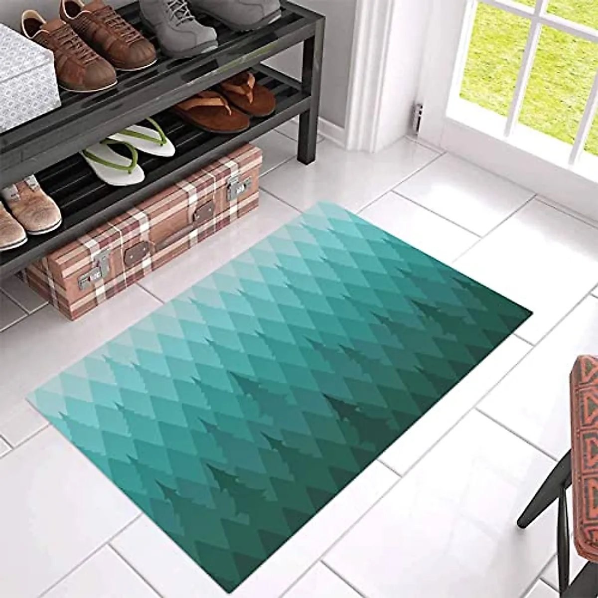 Indoor Door Mat Green Gradient Foggy Tree Forest Non Slip Front Door Welcome Rugs, Geometric Triangle Floor Entrance Doormats for Kitchen Bathroom Living Room Entryway