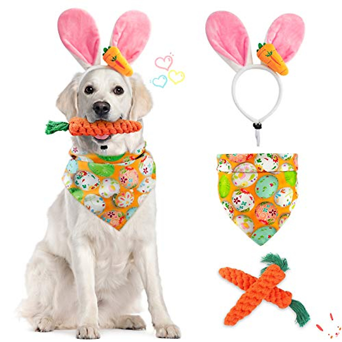 Dorakitten Dog Easter Costumes - Adorable Bunny Ears Headband Cute Dog Bandana Funny Carrot Shape Rope Teeth Cleaning Dog Chew Toys Gifts for Pet Puppy 4 PCS