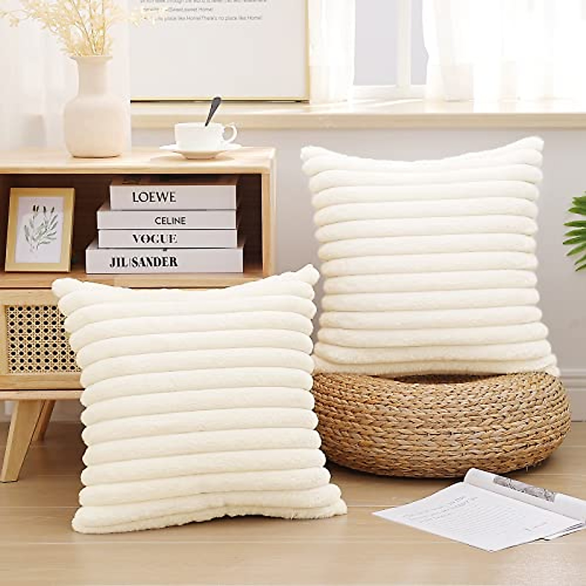 Pallene Faux Fur Plush Throw Pillow Covers 18x18 Set of 2 - Luxury Soft Fluffy Striped Decorative Pillow Covers for Sofa, Couch, Living Room - Cream White