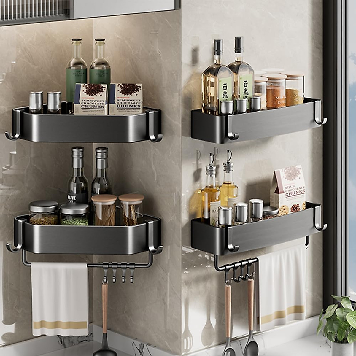 BOZWELL Shower Caddy 2 Pack,Black Adhesive Shower Organizer,Large Capacity for Bathroom Storage&Home Decor&Kitchen,No Drilling with 2 Movable Hooks,Bathroom Shower Accessories 1087-B-2