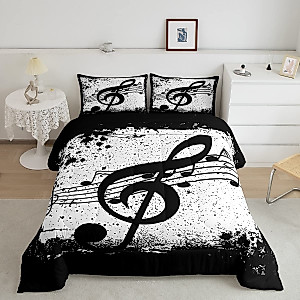 Music Bedding Set Full Size,Black Melody Note Comforter Set For Kids Boys Girls Musician Bedroom Decor,Tie Dye Rhythm Pattern Duvet Insert,Modern Soft Music Theme Quilted Comforter With 2 Pillow Cases