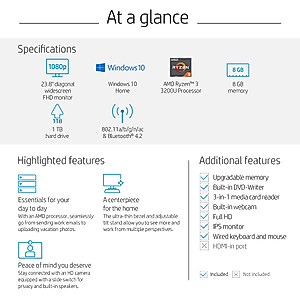 HP 24-Inch All-in-One Computer, AMD Ryzen 3 3200U Processor, 8 GB RAM, 1 TB Hard Drive, Windows 10 Home (24-f1030, White)
