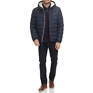Tommy Hilfiger Men's Midweight Sherpa Lined Hooded Water Resistant Puffer Jacket, Tommy Logo Tech, Small