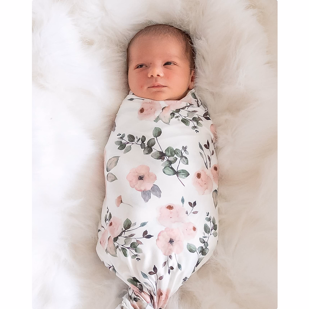 Vollmic Newborn Baby Girl Receiving Blanket Swaddle Blanket Stretchy Knit Swaddle Set with Matching Headband (Pink&Green)