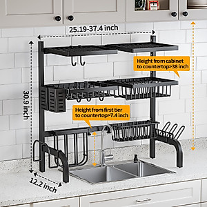 Urackify Over The Sink Dish Drainer Drying Rack, Adjustable (25.19"-37.4") Over Sink Dish Drying Rack, Extra Large Extendable Dish Rack Above Kitchen Sink, 3 Tier Dish Strainer with Storage Basket