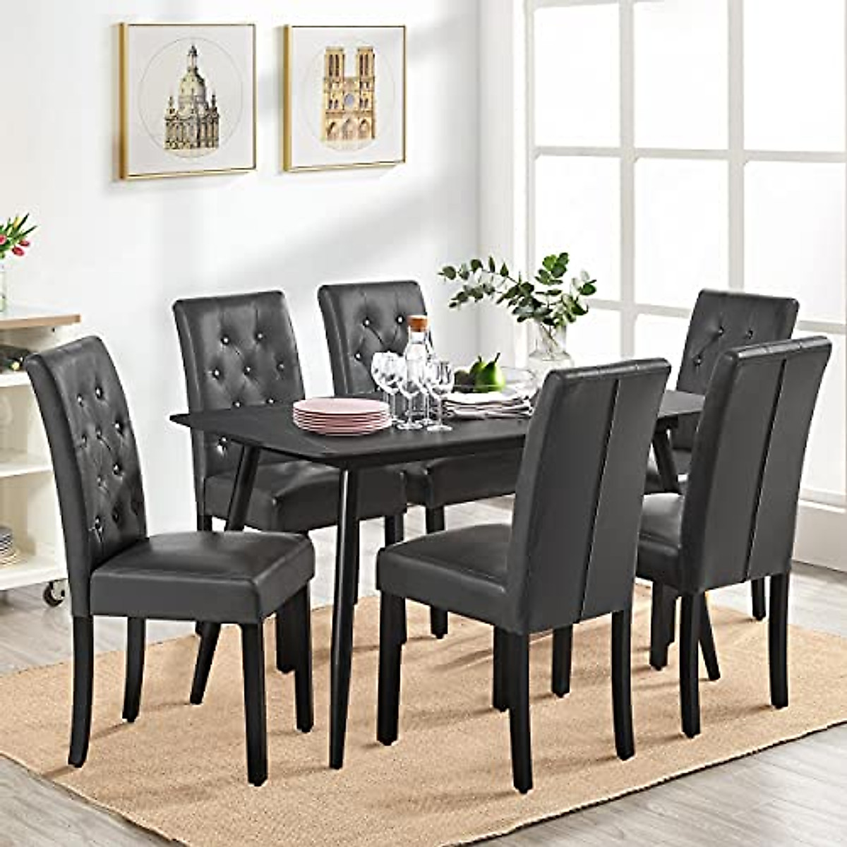 Yaheetech 6pcs Dining Chair with Solid Wood Legs Classic Style Chairs with PU Leather Cushion Padded Kitchen Chair Tall Back Living Room Chair, Gray