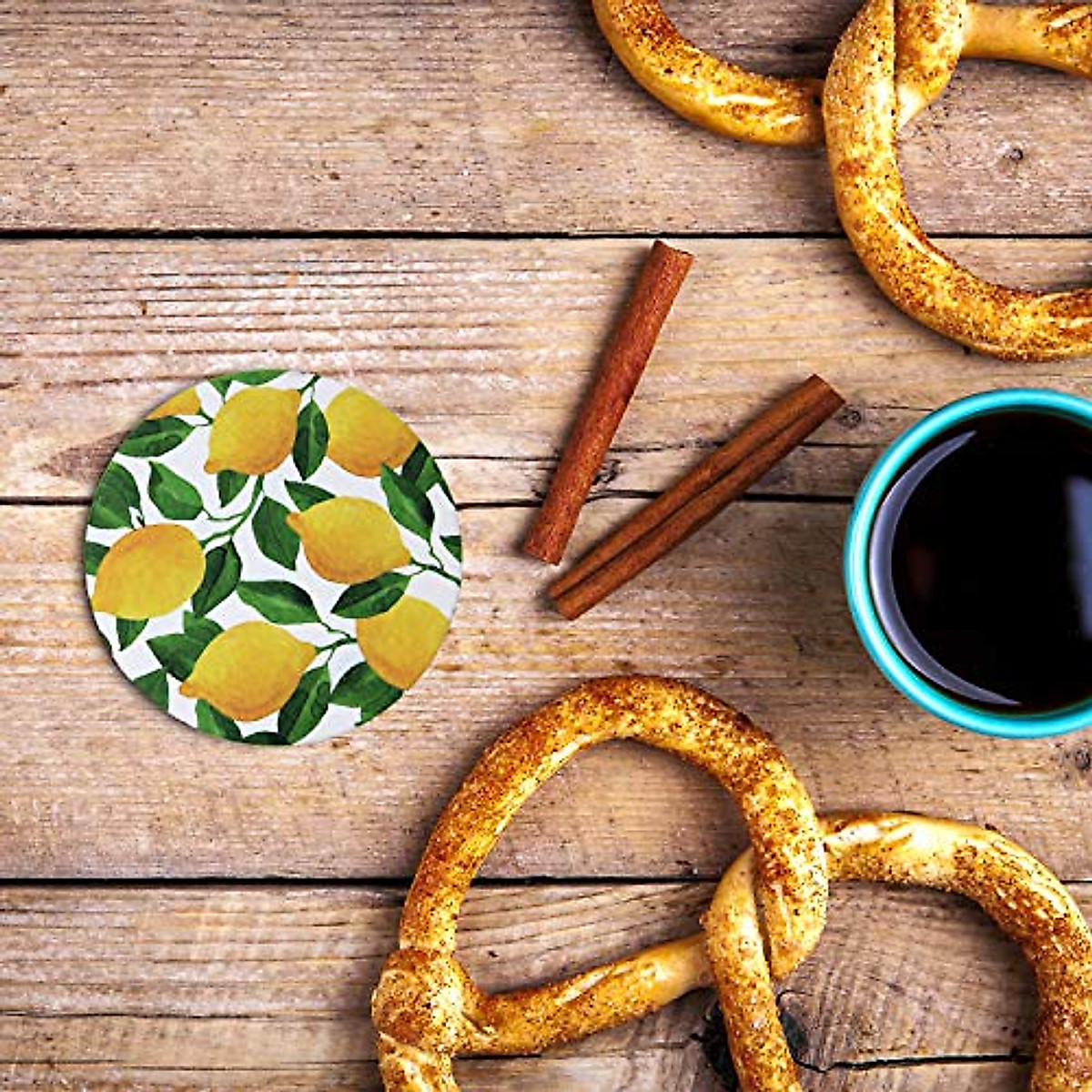 Drink Coasters Set of 6 with Holder, Lemon Absorbent Ceramic Coasters for Wooden Table, Rustic Coasters Cork Base New Home Decor House Warming Gift