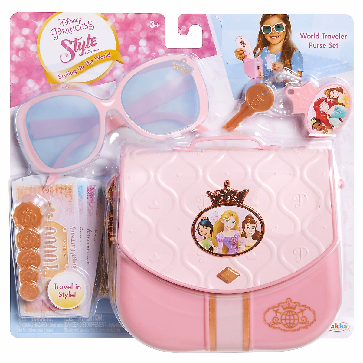 Disney Princess Style Collection World Traveler Purse Set Bag with Strap, Sunglasses, Key with charm, 5 Coins & 8 Paper Bills for Girls Ages 3+