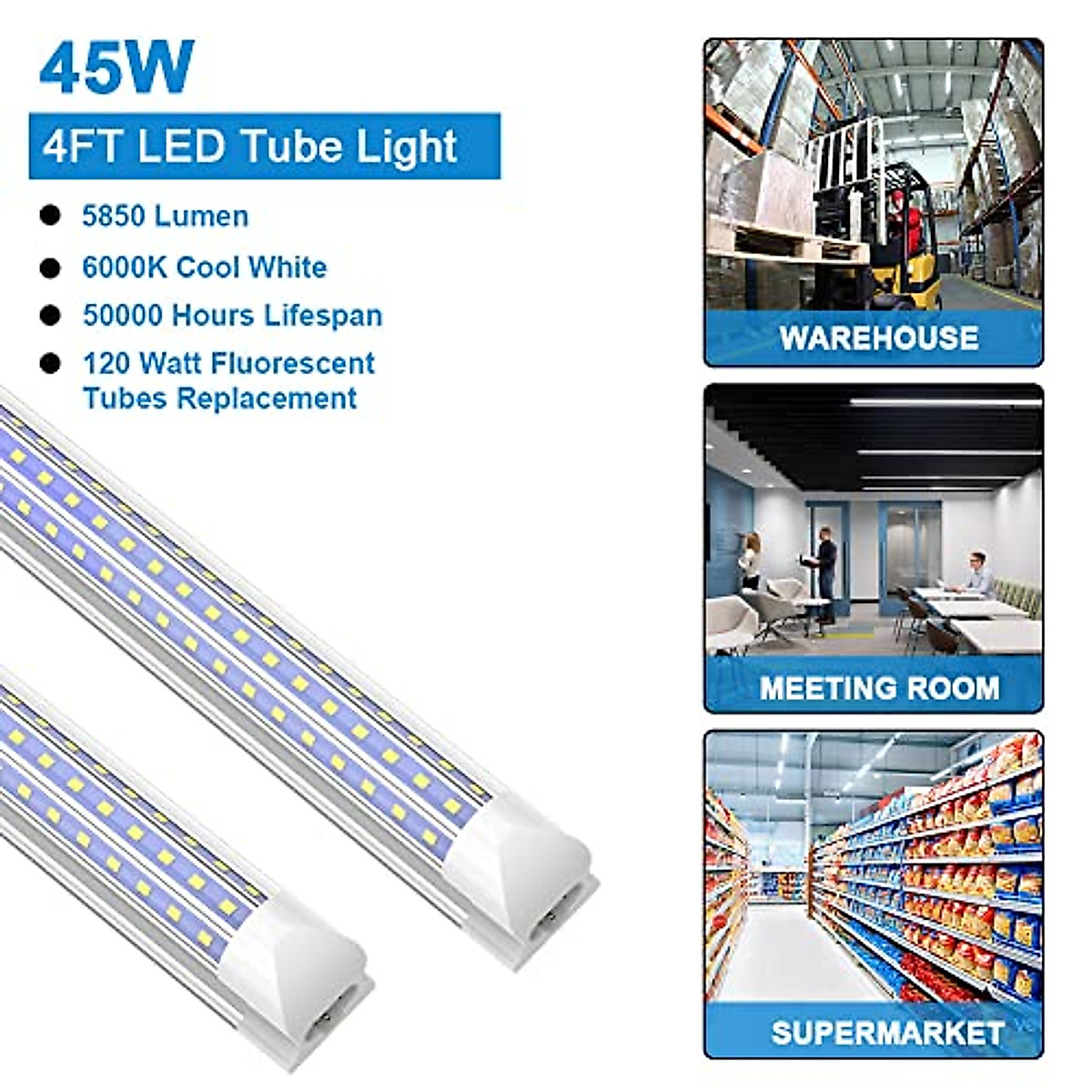 SHOPLED LED Shop Light 4FT, 45W 5850LM 6000K Cool White, Linkable T8 LED Light Fixtures, D-Shaped T8 LED Tube Lights, High Output, Clear Cover, 4 Foot LED Shop Lights for Garage, 4 Pack