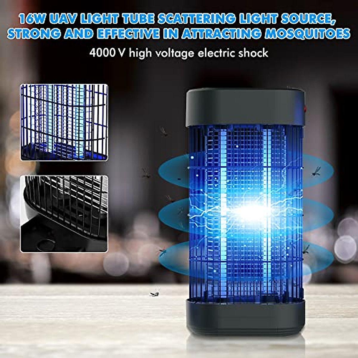 AMUFER Bug Zapper Indoor,Electric Mosquito Zapper with 16W UV Light,4000V Powerful Electric Shock Mosquito Trap, Fly Zapper(Black)