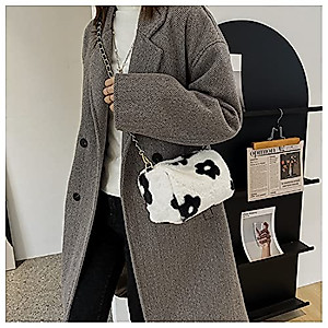 Fluffy Plush Crossbody Shoulder Bag with Chain, Y2K Flower Printed Underarm Bag Cute Furry Handbag Purse (White_A)