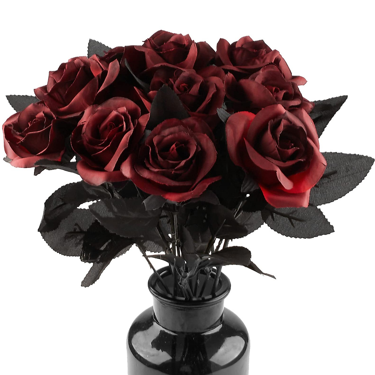 Tuzazo 10pcs Artificial Rose Flower Single Stem Fake Silk Flowers Bridal Wedding Bouquet, Realistic Blossom Flora for Home Garden Party Hotel Office Decorations (Burguandy and Black)