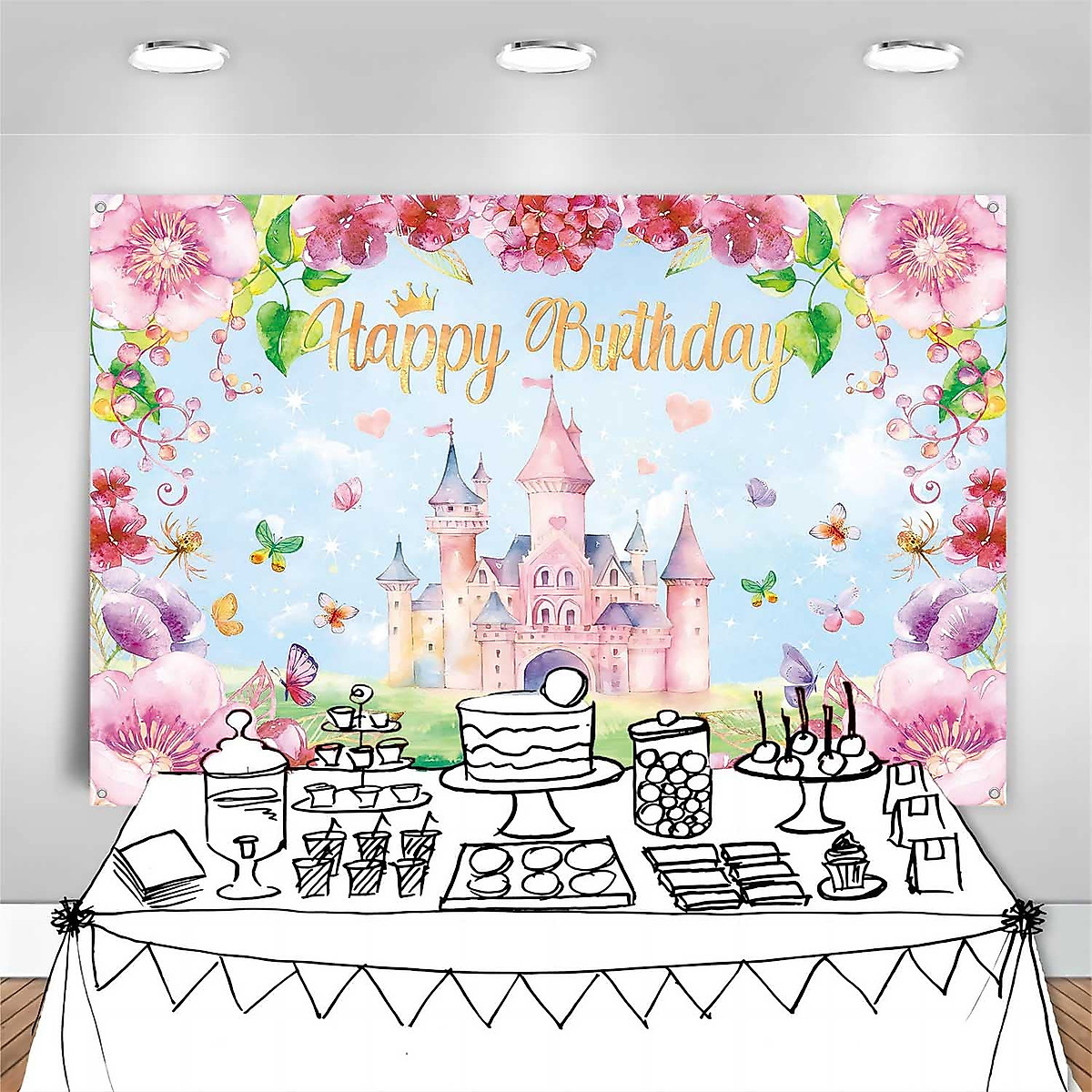 LDWLYW Princess Birthday Backdrop for Girls Happy Birthday Princess Castle Butterfly Backdrop Banner for Birthday Party Decorations Princess Theme Party Photo Backdrop Background Decor 7x5ft