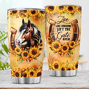 HUBUPU Flower Cups Sunflower Floral, Horse Gate Open, Horse Gifts, Tumbler 20 Oz With Lid And Straw
