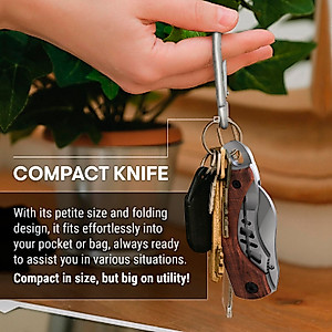 Small Pocket Knife for Men - 5.7’’ Keychain Knife with Bottle Opener - Box Cutter - Wood Handle - Liner Lock - Legal Mini EDC Folding Knife - Cool Sharp Tiny Knives - Gift for Everyone 6779N