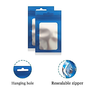 FERENLI 100Pcs Matte Mylar Bags for Zip Flat Foil Lock Food Storage Bag Plastic Window Coffee Bean Candy Package Pouch Zipper Lock with Euro Hang Hole (7.5x12cm (3x4.7 inch), Blue)