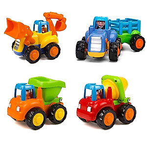 Friction Powered Cars Push and Go Trucks Construction Vehicles Toys Set of Tractor Bulldozer Dump Truck Cement Mixer for Baby Toddlers Infants Boys Gifts