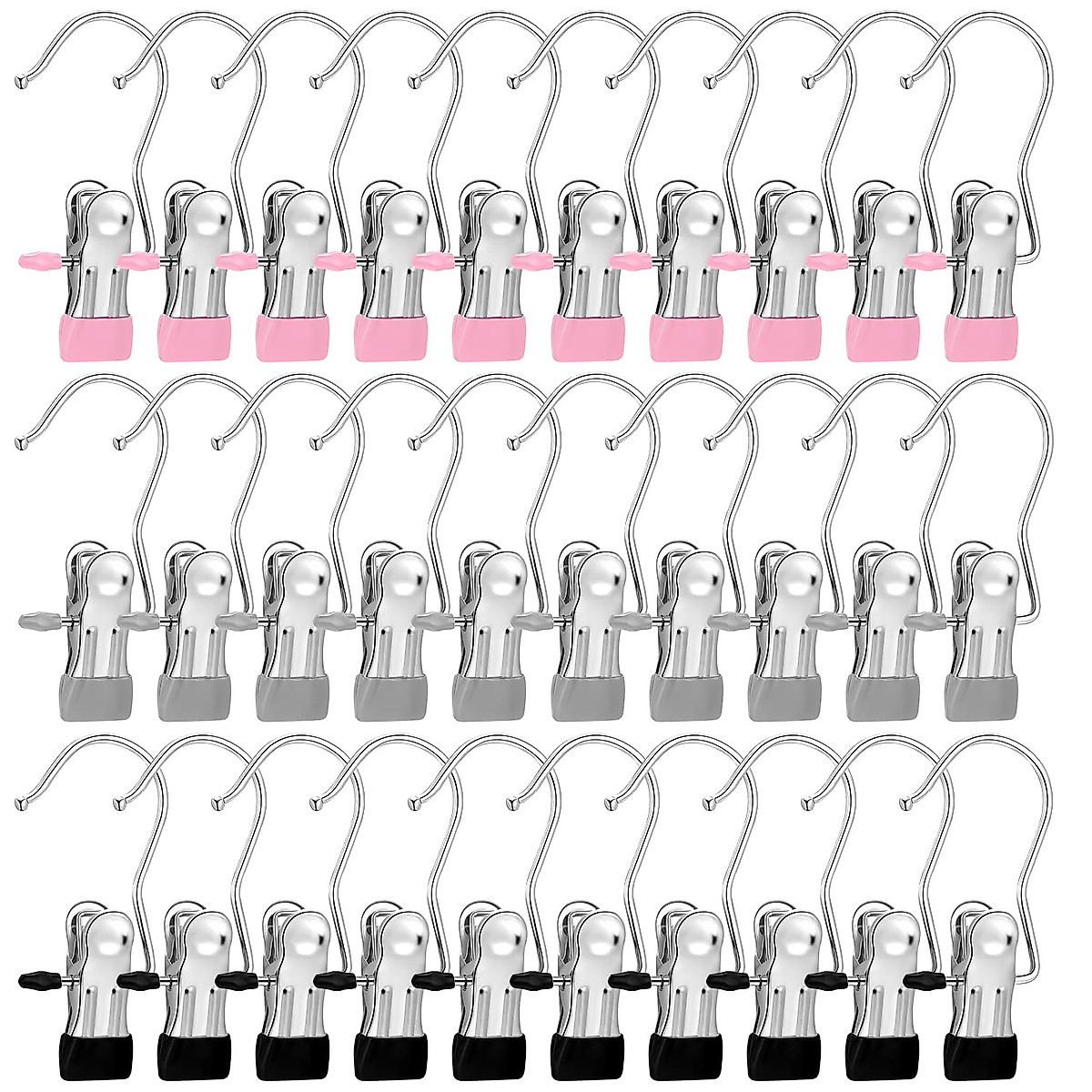 Boot Hangers for Closet 30 Pack, Boot Clips for Hanging, Laundry Hooks Hanging Clips Clothes Pins, Space-Saving Clothespin Hat Pants Towel Storage Hanging for Home and Travel (Black+Gray +Pink)