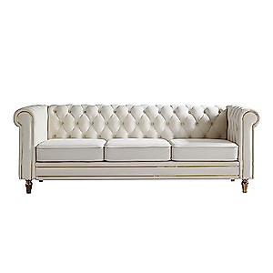 Goohome 84.65" Chesterfield Sofa, 3-Seater Velvet Deep Button Tufted Sofá Upholstered Love Seat Couches with Rolled Arm, Gold Strip Trim, for Bedroom Office Apartment Living Room Furniture, Beige