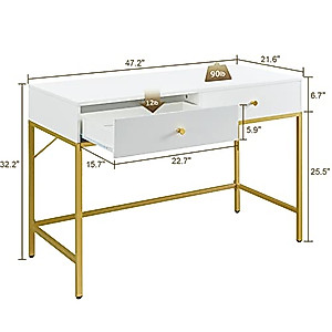 SUPERJARE Vanity Desk with Drawers, 47 inch Computer Desk, Modern Simple Home Office Desks, Makeup Dressing Table for Bedroom - White and Gold